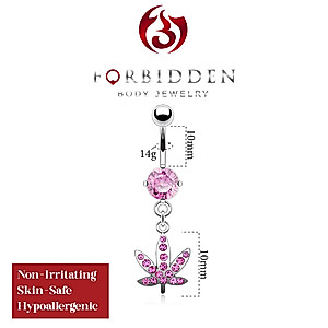 Forbidden Body Jewelry Surgical Steel Pink Crystal Studded Marijuana Leaf Charm Dangle Belly Ring