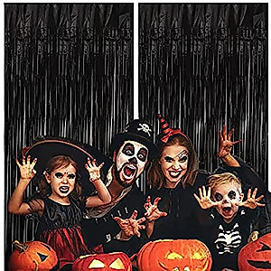 4 Pack Black Streamers Backdrop Curtain 3.2 Ft X 8.2 Ft Black Foil Fringe Curtain Halloween Tinsel Backdrop Birthday Party Decorations Door Streamer