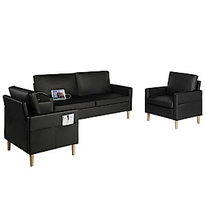 AILEEKISS Mid-Century Sectional Sofa Set for Living Room Faux Leather Office 2 Pcs Couch Set with Armrest Modern Upholstered Loveseat Couches (1-Seater+2-Seater, Black)