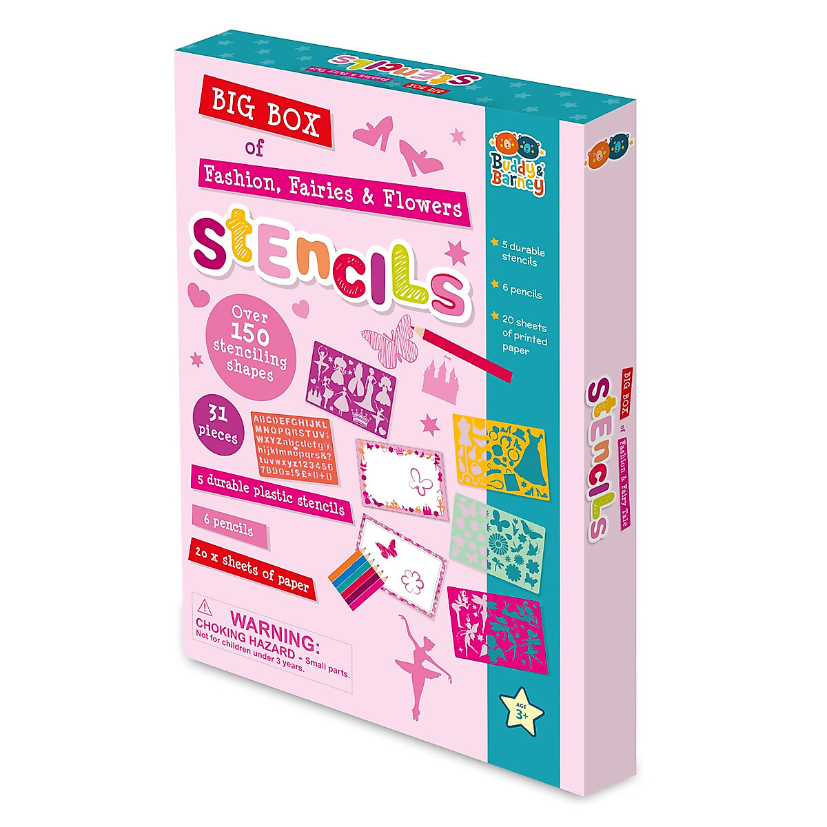 Buddy & Barney Big Box of Fashion, Fairies, & Flowers Stencils (Large 32-Piece Stencils Kit), 150+ Shapes, 6 Coloring Pencils, 5 Stencil Sheets, Arts & Crafts Drawing Stencils for Girls, Kids 4+