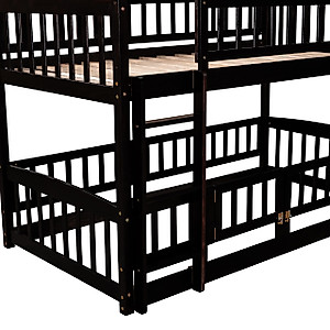 Harper & Bright Designs Low Bunk Beds Twin Over Twin, Kids Bunk Bed with Slide, Fence and Ladder, Wood Toddler Bunk Beds for Girls Boys, Espresso