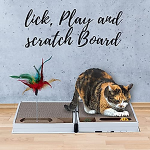 All-in-One Cat Scratcher Pad and Play Area, Foldable & Easy to Store Book-Shaped Cardboard with 2 Reversible & Replaceable PCs Dense Scratch Pad Cat/Kitten,with Cat Ball/Cat Feather Toy & Catnip Ball