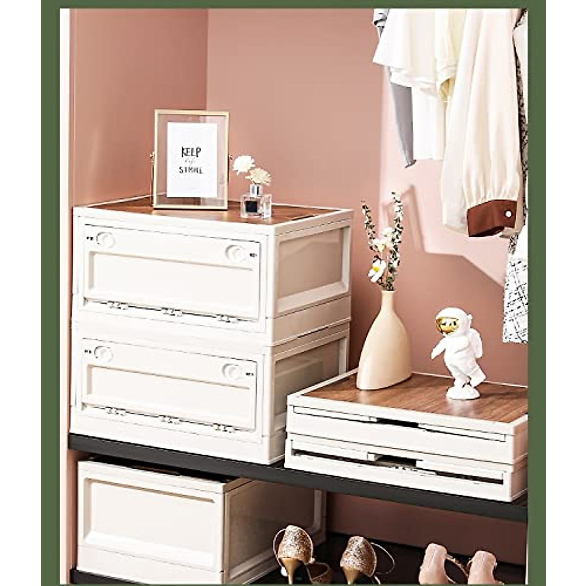 Simbuy Collapsible Storage Bins with Wood Lids, 8.5Gal Plastic Storage Truck for Closet Organizer,Camp & College Organizer Box with Wheels 18.5"x13.77"x9.25"