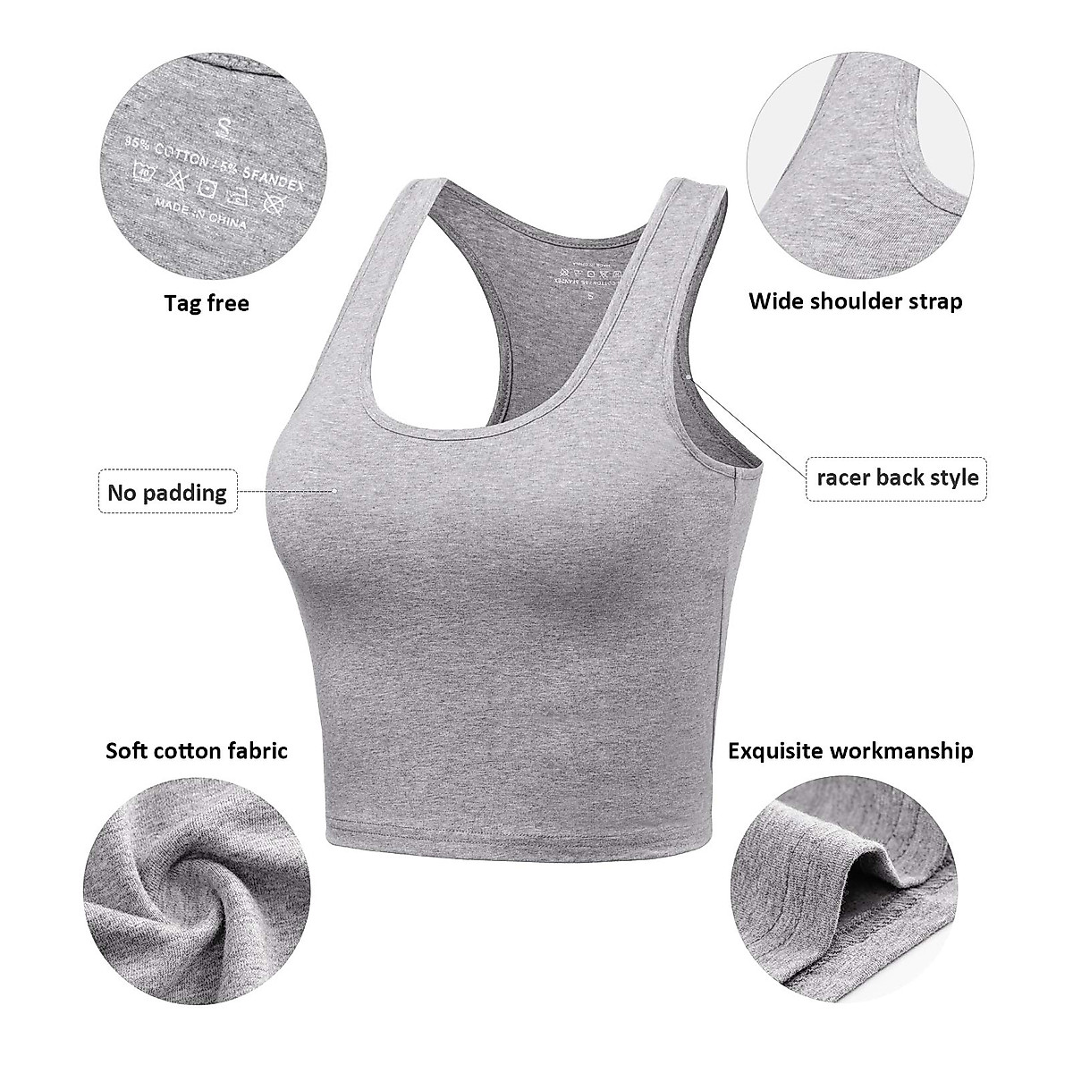 Porvike 3-Pack Sports Crop Tank Tops for Women: Racerback Yoga, Running, Gym Workout Shirts (S, Black/White/Grey)