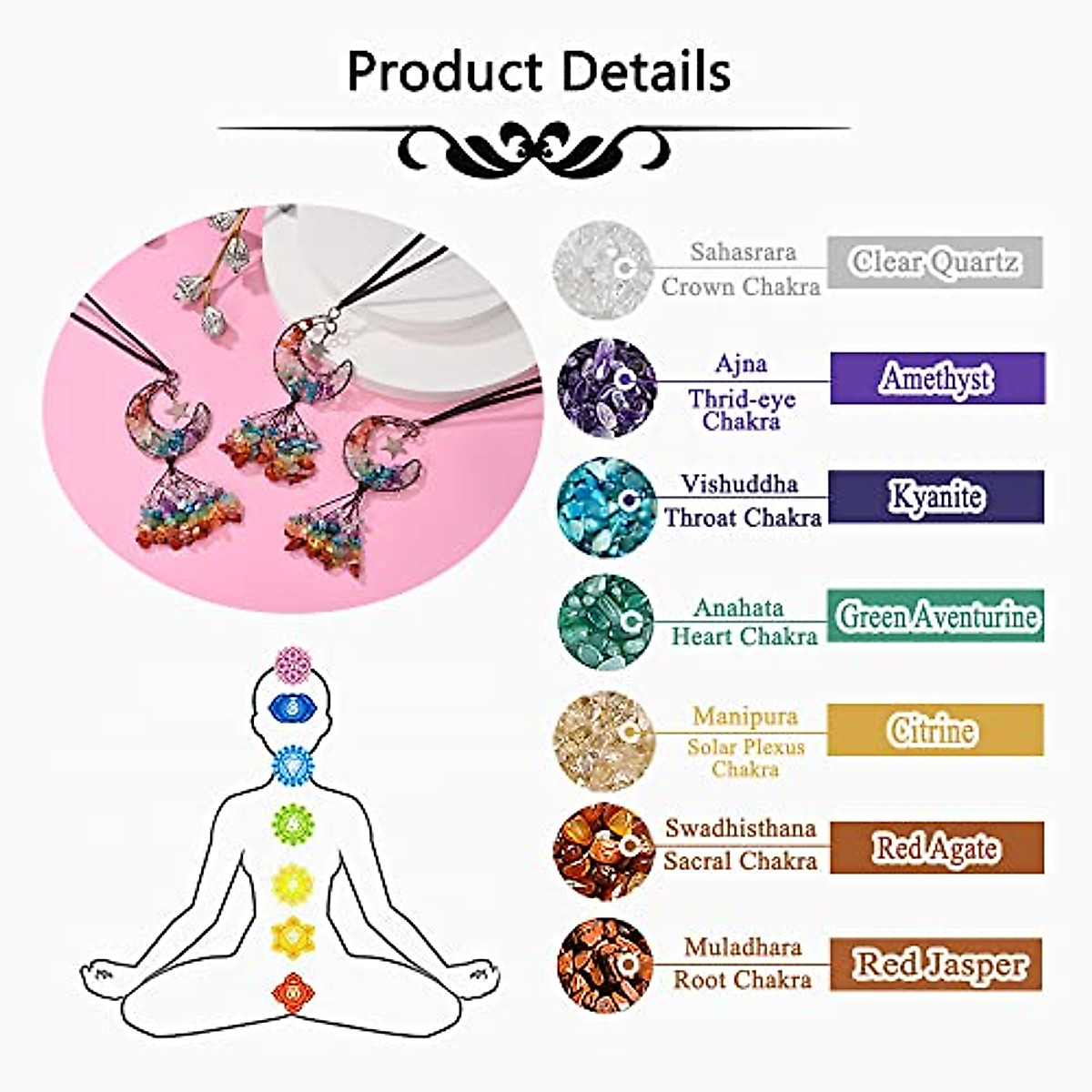 CrystalTears Chakra Stones Healing Crystal Moon Hanging Ornament Handmade 7Chakra Tree of life Wall Ornament Feng Shui Crystal Window Car Ornament for Meditation Home Office Christmas Decor Gift