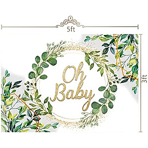 Flowerstown Oh Baby Backdrop 5x3ft Oh Baby Sign for Backdrop Green Leaves Floral Baby Shower backdrops for Photography Newborn Announce Pregnancy Party Decorations Backdrop FT090-XS