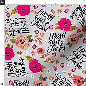 Spoonflower Fabric - Pretty Fresh Out Pink Flowers Floral Gray Rose Daisy Swear Curse Word Printed on Petal Signature Cotton Fabric Fat Quarter - Sewing Quilting Apparel Crafts Decor