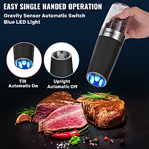 FaCreate Gravity Electric Salt and Pepper Grinder Set,Automatic Operation Electric Salt and Pepper Shakers Set，Battery Powered Adjustable Coarseness Pepper Mill Grinder LED Light, Black (2PACK)