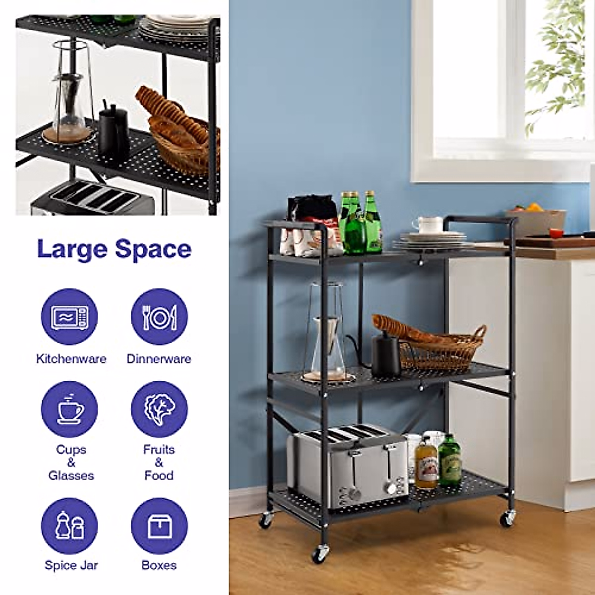 Tangkula 3-Tier Foldable Storage Shelves, Steel Storage Rack with 2 Handles, 4 Caster Wheels and Hook Buckle, Collapsible Utility Cart for Garage Kitchen, 3-Shelf Metal Shelving Units (1, Black)