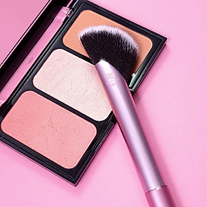 Real Techniques Cheek Rebel Edge Medium Blush & Highlighter Brush, For Loose Blush or Face Highlighter, Fan Makeup Brush, Aluminium, Pink, 1 Count