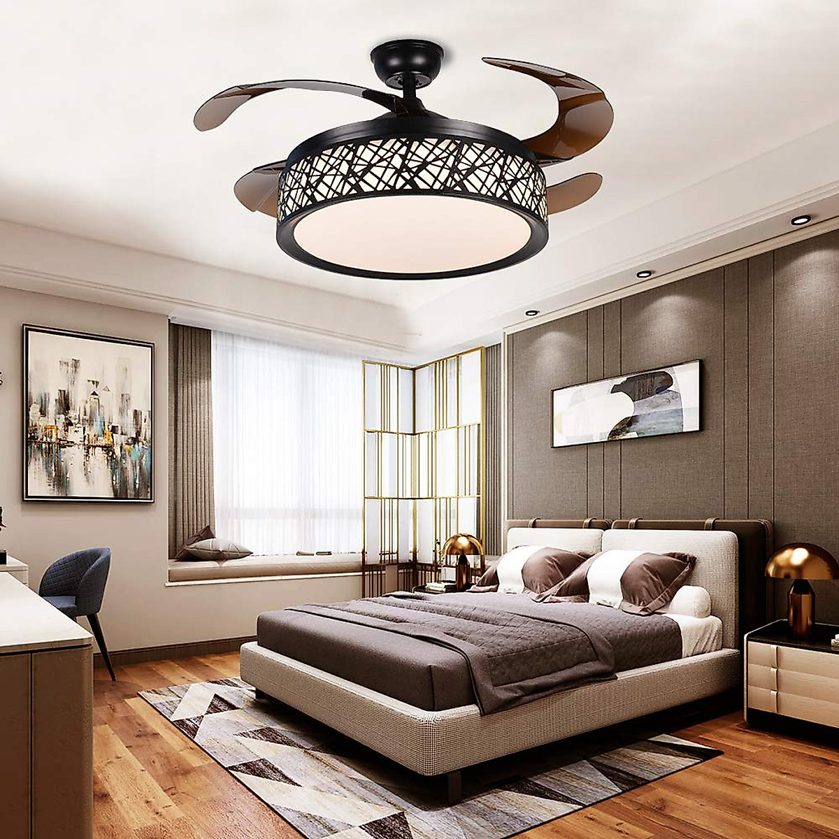 42 inch Black Cage Ceiling Fan with Lights, Ceiling Fan with Retractable Blades Three Color Change Chandelier with Remote Control, Dining Room/Living Room/Bedroom Lighting Decoration-36W