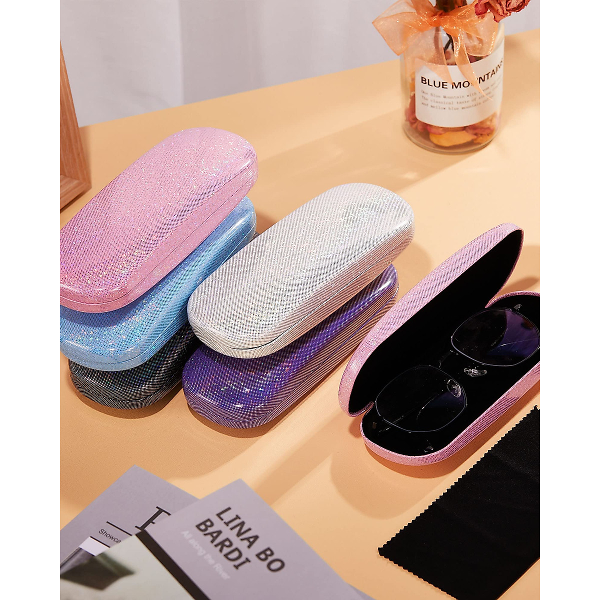Weewooday 6 Pieces Hard Shell Eyeglasses Cases Glitter Glasses Case Unisex Glasses Case with Cleaning Cloth Sunglasses Case for Women Men