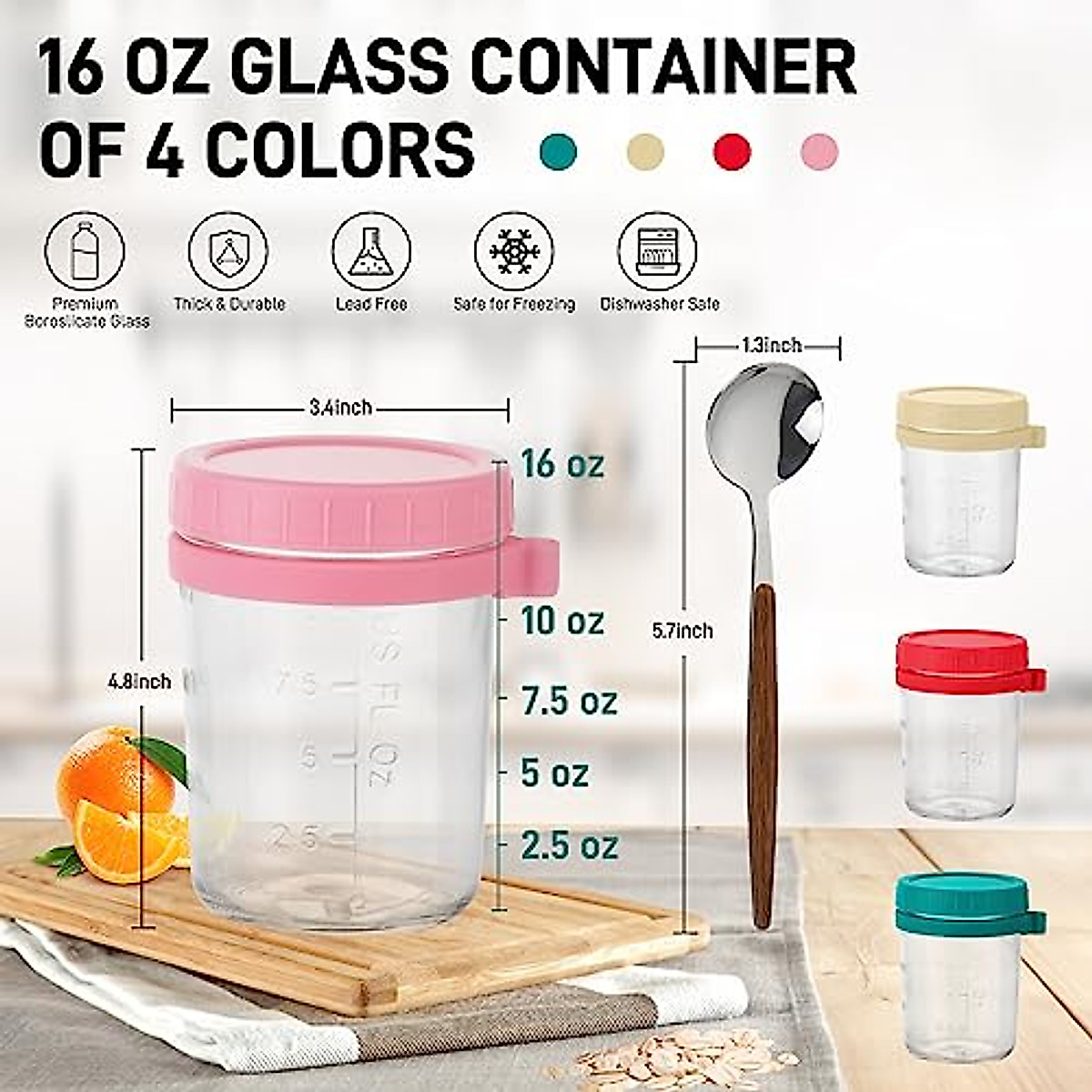 Dyserbuy 4 Pack Overnight Oats Containers with Lids and Spoons, 16 oz Glass Mason Jars for Overnight Oats, Airtight Jars with Measurement Marks for Milk, Cereal On The Go Container