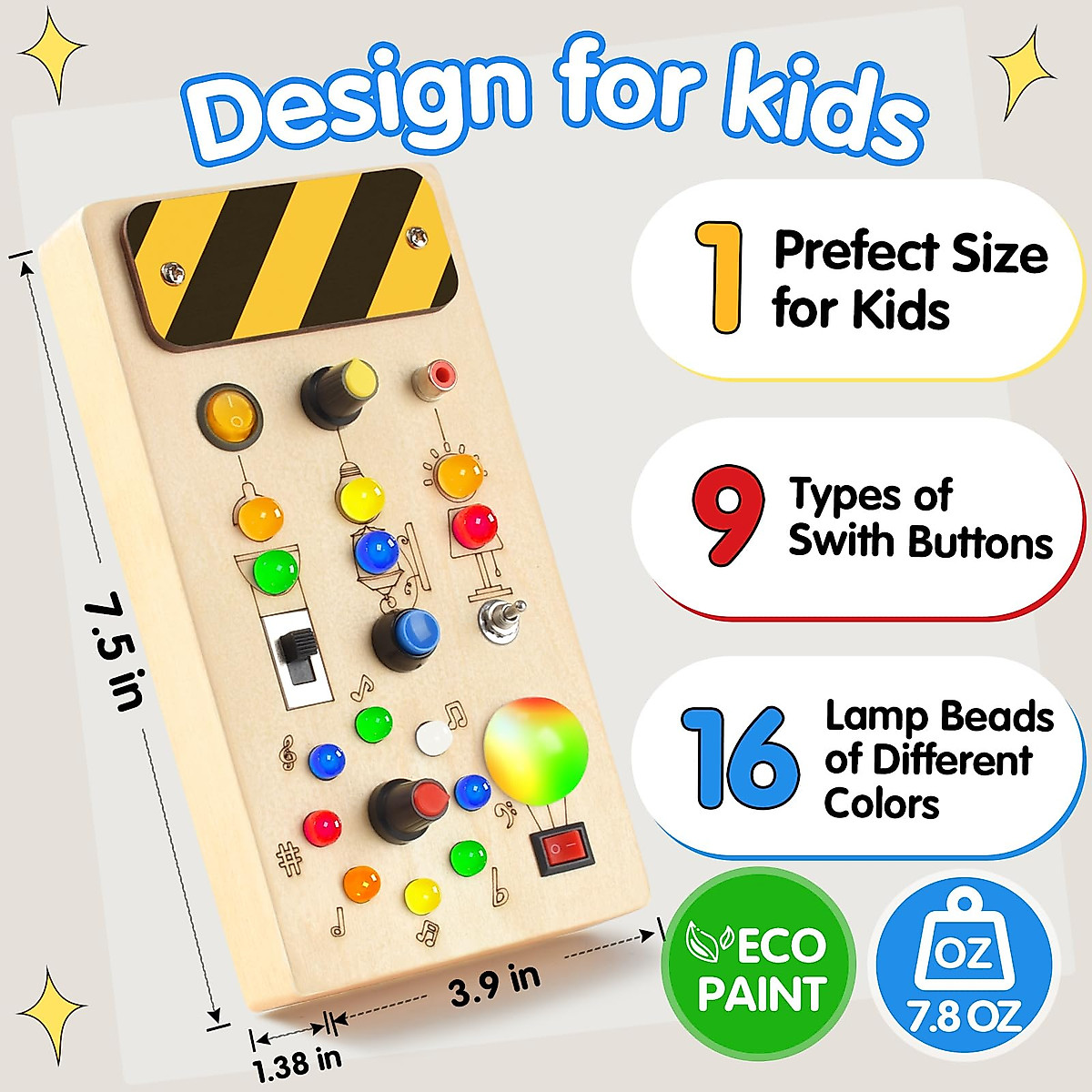 POLKRANE Busy Board with LED Light,Montessori Toys with Toggle Switch,Travel Toys and Wooden Toy for Educational Toddler Activities for 1 2 3 4 Year Old Boys & Girls (Rainbow)