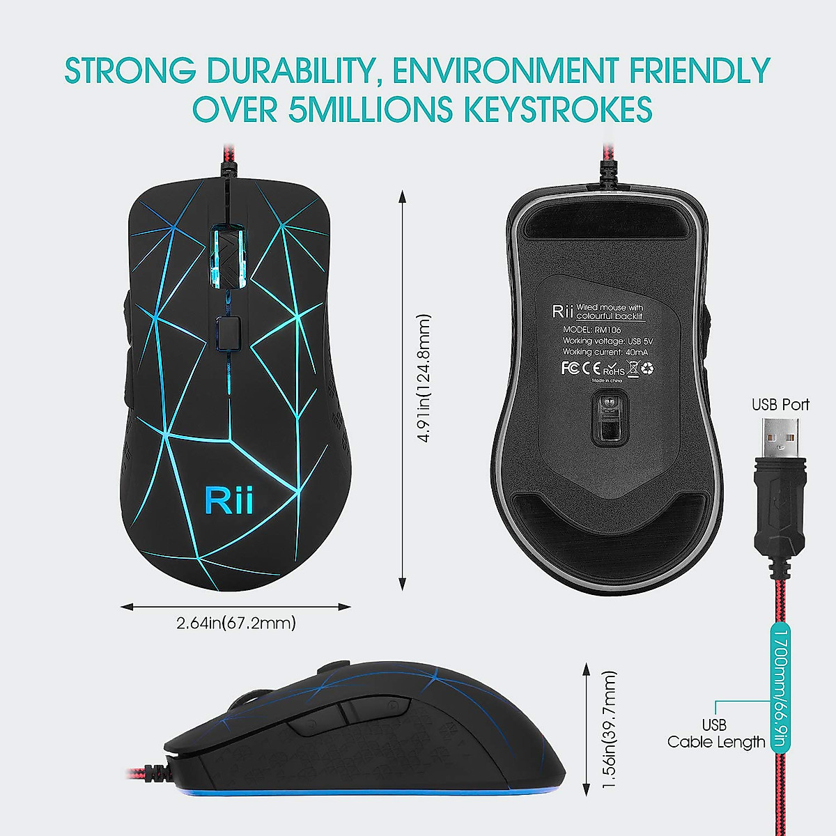 Rii RGB Wired Gaming Mouse, USB Optical Computer Mice with 6 Buttons,3200 DPI Adjustable,7 Color Backlit for Laptop PC Gamer Computer Desktop