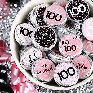 Pink, Black, and White 100th Birthday Party Favor Chocolate Kisses Candy Stickers - 180 Count, 100th Birthday Decorations