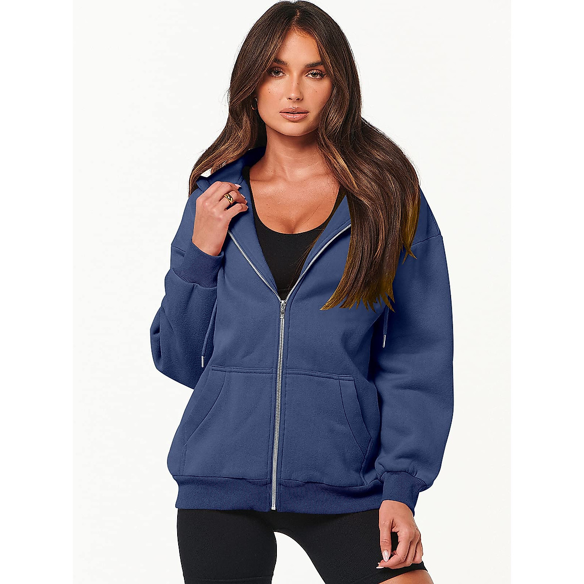ANRABESS Womens Zip Up Hoodies Long Sleeve Oversized Sweatshirts Fleece Y2K Jacket Pockets 2025 Fall Outfits Fashion Clothes Navy Blue Small
