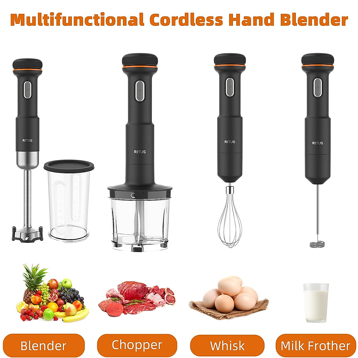Commercial Immersion Blender, 5 in 1 Cordless Hand Blender Heavy Duty Motor, 4000-13000RPM lmmersion Blender Variable Speed Hand Blender With Mixing Beaker, Chopper, Whisk and Milk Frother