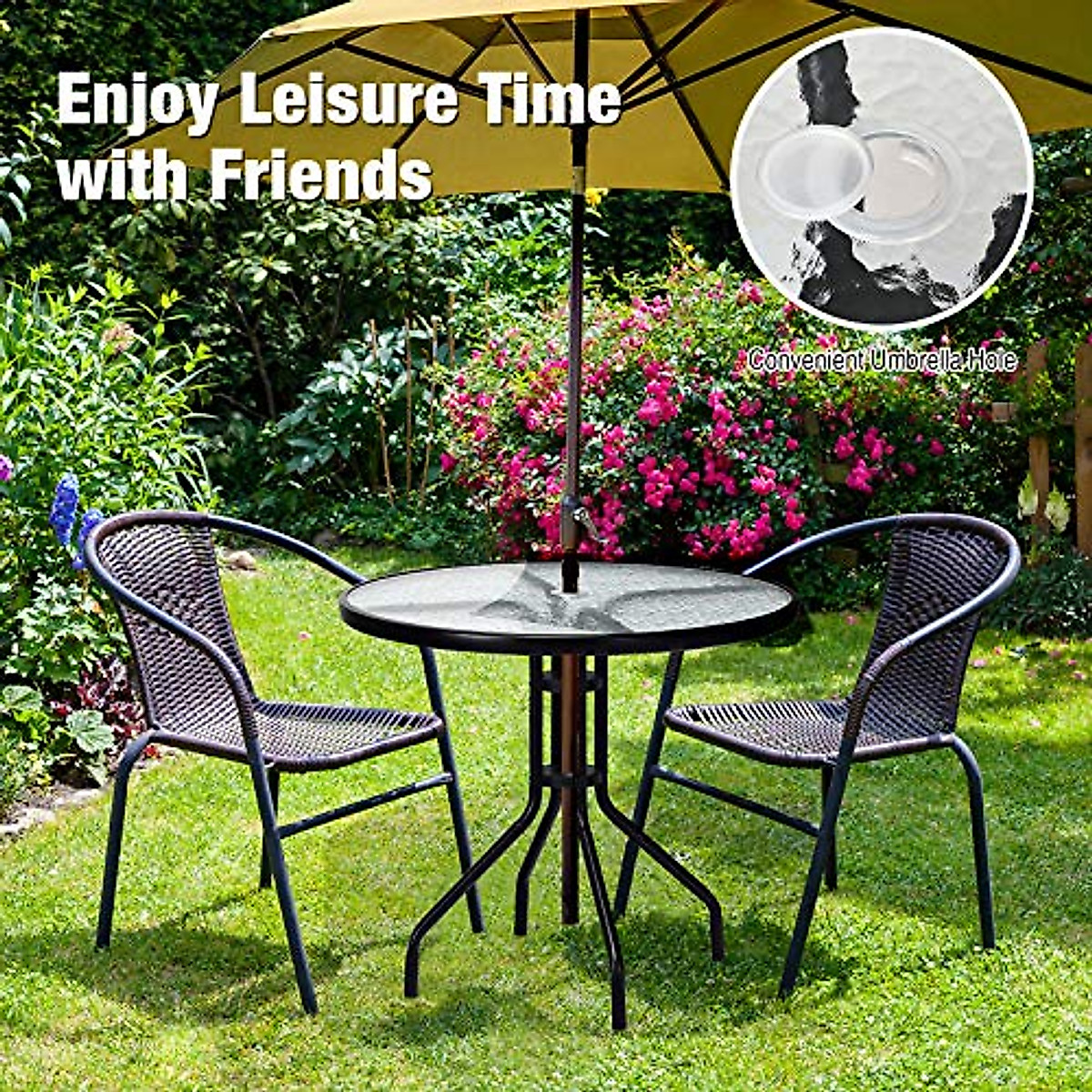 Goplus 32" Outdoor Round Patio Table with Umbrella Hole, All Weather Dining Table Tempered Glass Top, Bistro Table Coffee Table Furniture Commercial Party Event for Backyard Lawn Balcony Pool