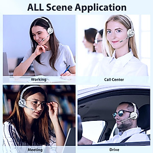Bluetooth Headset, Wireless Headset with Microphone Noise Cancelling & USB Dongle, Hands Free Office Headset with Mic Mute, Single Ear Bluetooth Headsets for Work/PC/Truck Drivers-White Silver