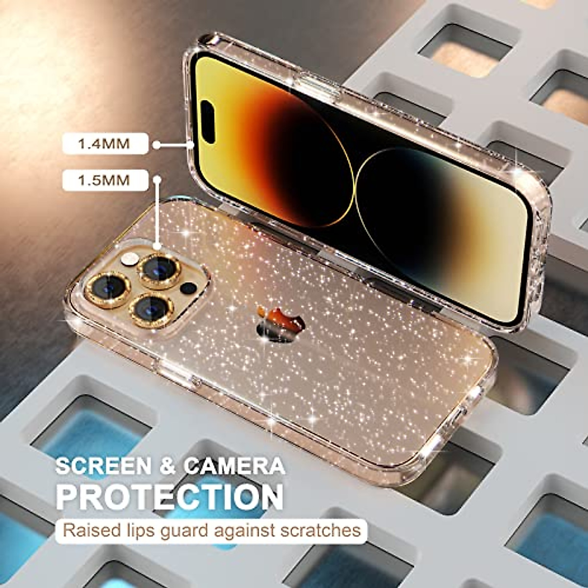 Choiche Compatible for iPhone 14 Pro Case Cute, Women Clear Glitter Bling Sparkly Case, [3 x Diamond Camera Lens Protectors] [2 x Tempered Glass Screen Protectors] 6.1-inch (Glitter Gold)