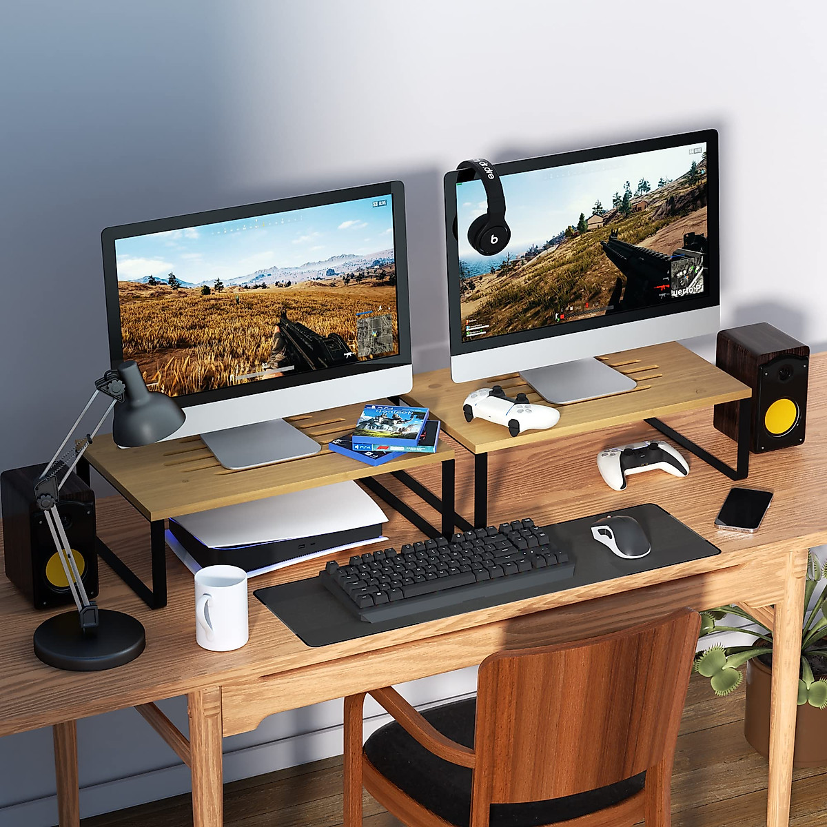 OUTWOLF 2 Pack Monitor Stand Riser,Bamboo Dual Desk Organizer with Rubber Non Slip Pieces for Computer Laptop Printer,Upgrated Version.