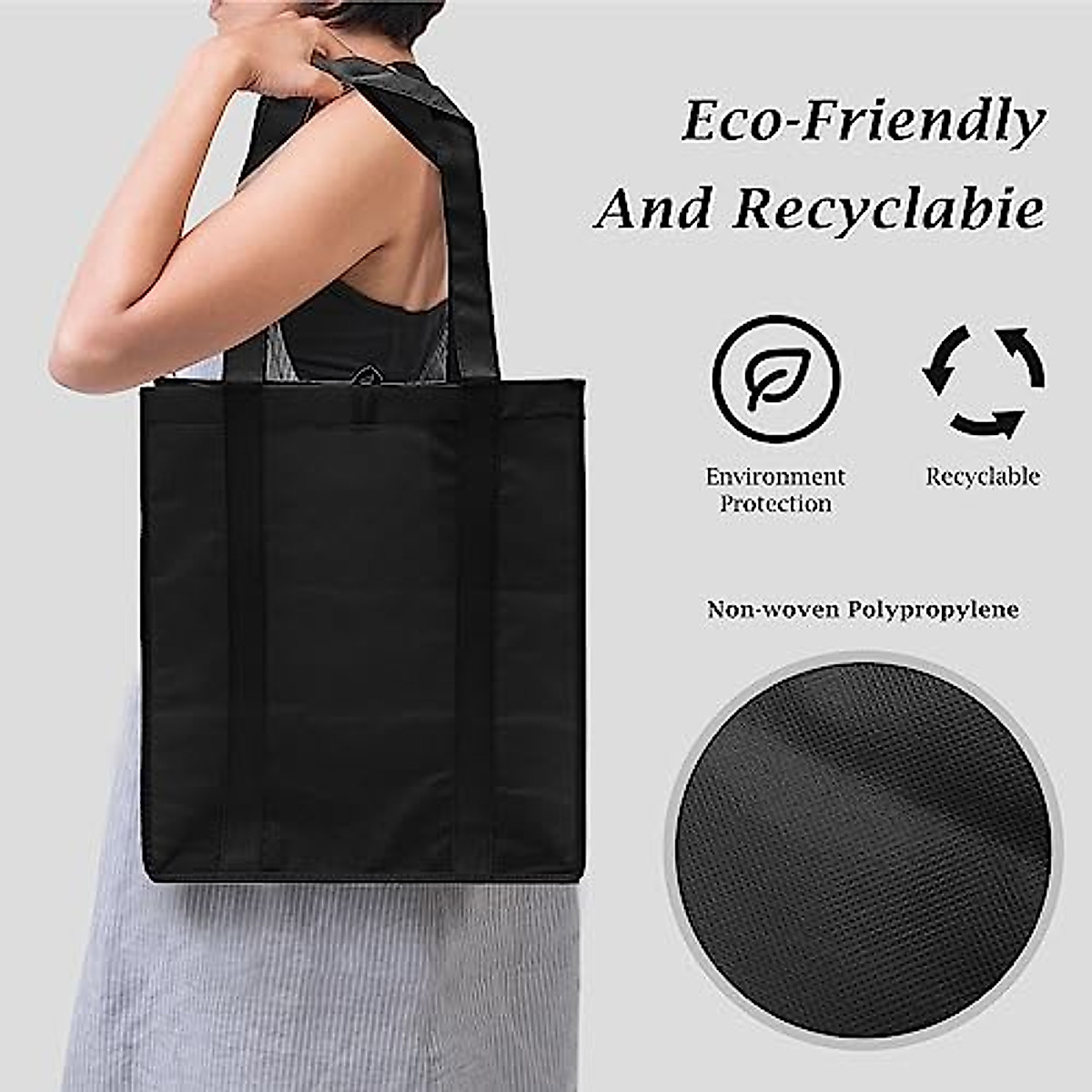 Swotiva Reusable Grocery Bags 10 Pack, Eco-Friendly Tote Bags with Reinforced Handle and Removable Bottom, 15"x13"x10" Large Washable Non-woven Shopping Bags for Groceries Gift Parties, Black