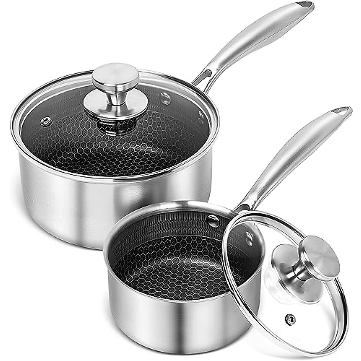 MICHELANGELO Stainless Steel Saucepan Set 1QT & 2QT, Premium Triple Ply Sauce Pan with Lid, Sauce Pot with Honeycomb Interior - 4pcs