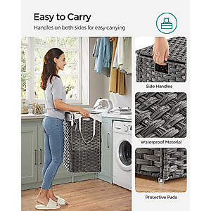 SONGMICS 130L Clothes Hamper with Lid, 2 Removable Liner Bags & 6 Mesh Bags, Wicker, Double Laundry Basket for Bathroom, 13 x 26 x 23.6 Inches, Gray ULCB253G01
