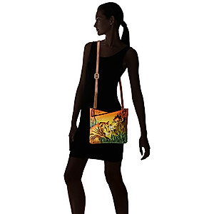 Anna by Anuschka Hand Painted Leather Women's V TOP MULTICOMPARTMENT Crossbody, Lion in Love