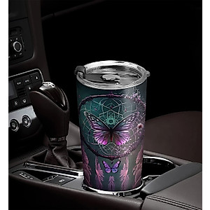 20oz Purple Dreamcatcher Butterfly Tumbler Cup, Insulated Travel Cup with Lid, Coffee Thermos for Women, Gifts for Women, Birthday Gifts for Mom, Daughter, Sister, Friends, Girlfriends, Coworker