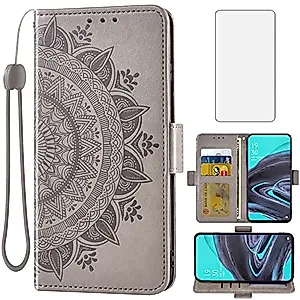 Asuwish Compatible with Oppo Reno 2 Wallet Case and Tempered Glass Screen Protector Credit Card Holder Flip Purse Accessories Wrist Strap Stand Folio Cell Phone Cover for Reno2 2019 Women Men Grey