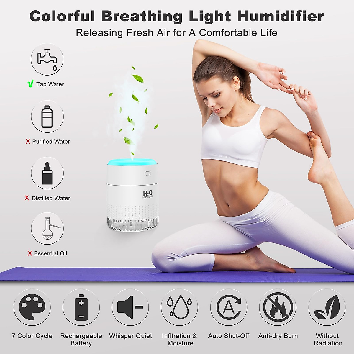 Rechargeable Mini Humidifier, Colorful Cool Mist Humidifier with 7 Color Light, Small Personal Desktop Humidifier for Baby Bedroom, Office, Nursery, Travel with Auto Shut-Off, Super Quiet (White)