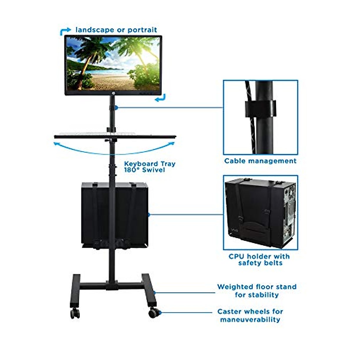 Mount-It! Rolling Computer Cart, Mobile Workstation with Tray Monitor Mount and CPU Holder, Height Adjustable and Mobile Stand for Office and Industrial Use