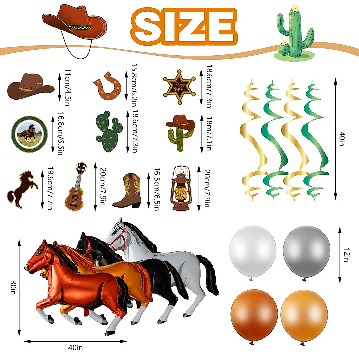 60PCS Cowboy Birthday Party Decoration Include 40 Inch Horse Shaped Foil Balloons Little Cowboy Happy Birthday Banner Cake Topper Hanging Swirls 12 Inch Latex Balloons for Western Party (Retro Style)