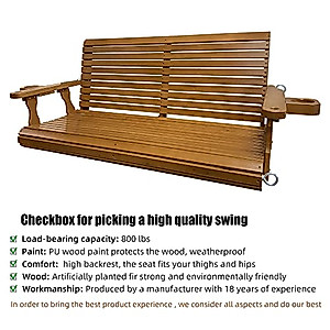 Wooden Porch Swing 2-Seater, Bench Swing with Cupholders, Hanging Chains and 7mm Springs, Heavy Duty 800 LBS, for Outdoor Patio Garden Yard (Brown - 4.5 feet)