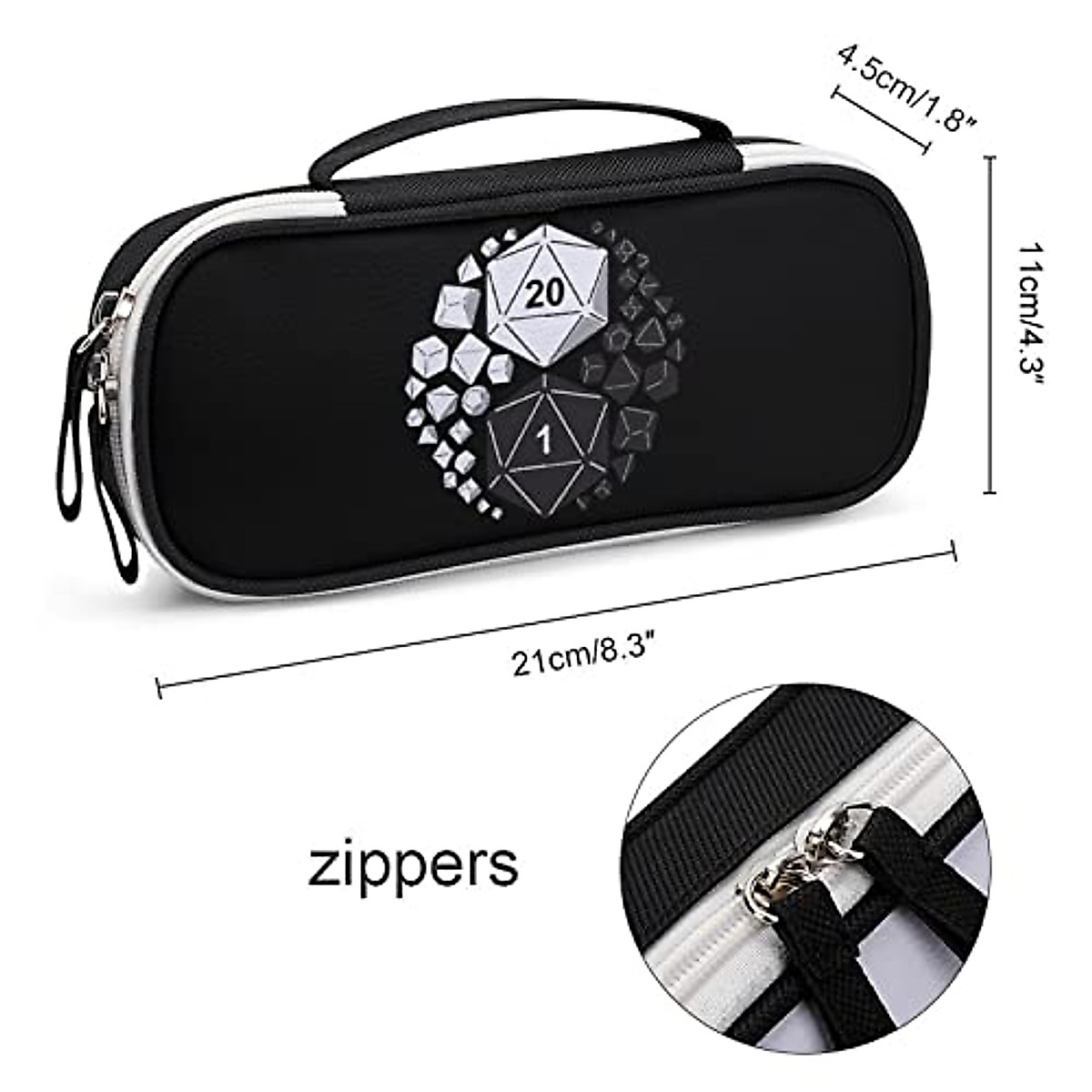 D20 Dice Yin Yang Printed Pencil Case Bag Stationery Pouch with Handle Portable Makeup Bag Desk Organizer