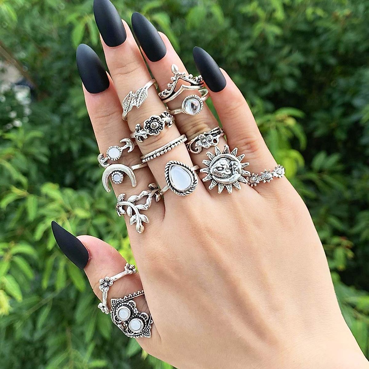 Yokawe Vintage Crystal Rings Set Silver Boho Rhinestone Finger Rings Star Moon Knuckle Ring Gem Joint Ring Stacking Midi Rings Jewelry for Women(14 PCS)