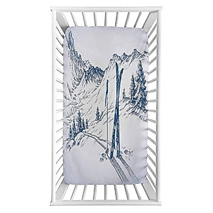 Lyzelre Winter Fitted Crib Sheet,Sketchy Graphic of a Downhill with Ski Elements in Snow Relax Calm View Microfiber Silky Soft Toddler Mattress Sheet Fitted,28"x 52"x 8'' for Boys Girls