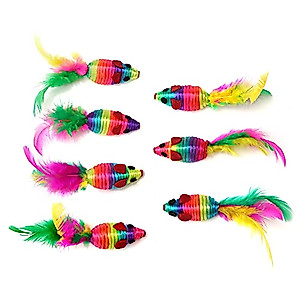 CHIWAVA 24PCS 5" Rattle Cat Toys Mice with Feather Rainbow Rope Mouse Kitten Interactive Toy Assorted Color