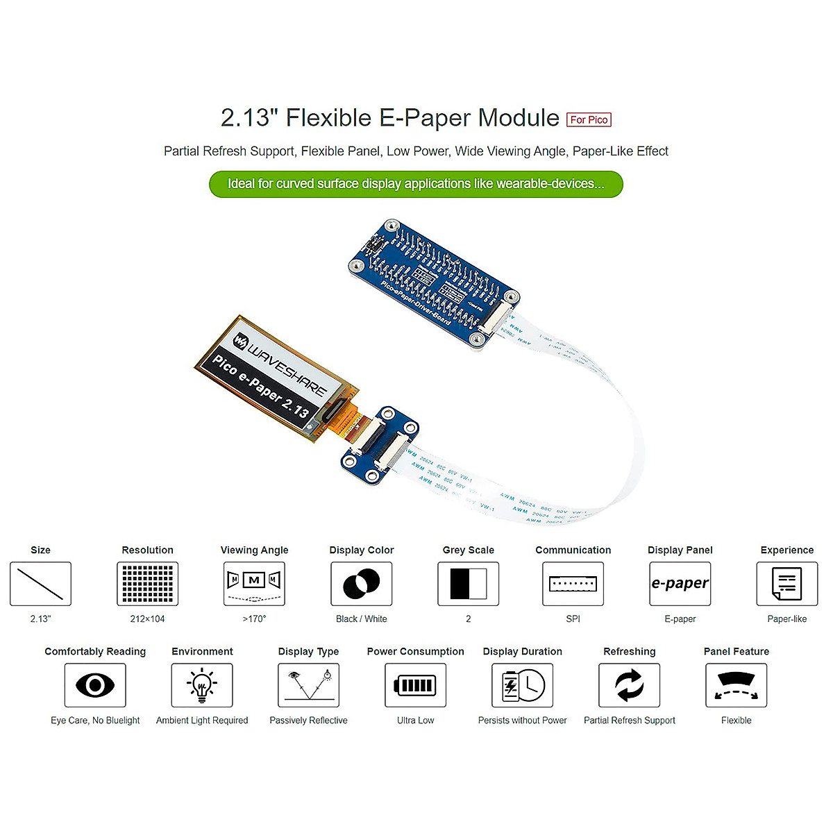 2.13inch Flexible E-Paper Module for Raspberry Pi Pico, 212×104 Pixels Black/White E-Ink Display SPI Interface Support Partial Refresh Low Power, Wide Viewing Angle