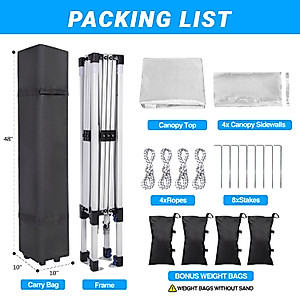 CAJECUS 10'x10' Pop Up Canopy Tent with 4 Sidewalls, Ez Pop Up Outdoor Canopy,Waterproof Commercial Tent with 3 Adjustable Height, Carry Bag,4 Sand Bags,4 Ropes and 8 Stakes(10FTx10FT,White)