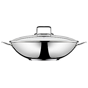 WMF Macao Induction Wok Set, 2 Pieces, Wok Pan 36 cm with Glass Lid, Polished Cromargan Stainless Steel, Uncoated
