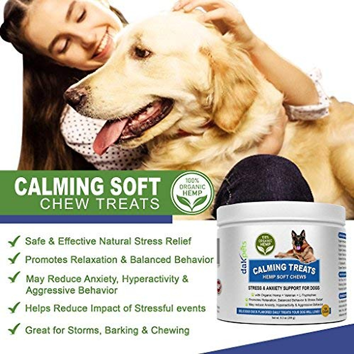 DakPets Hemp Calming Treats for Dogs - Made in USA w/Hemp Oil - Dog Anxiety Relief - Natural Separation Aid - Stress Relief - Fireworks - Storms - Barking 120 Soft Chews