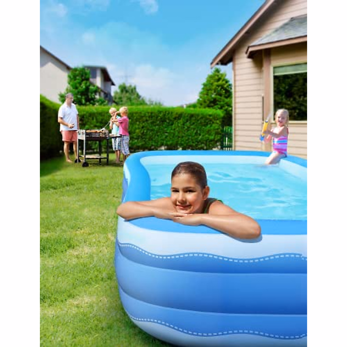 Inflatable Swimming Pool, Rectangle Above Ground Family Blow Up Pool, Swimming Pool for Kiddie Adults, Large Full-Sized Thickened Plastic Pool for Garden Backyard Outdoor