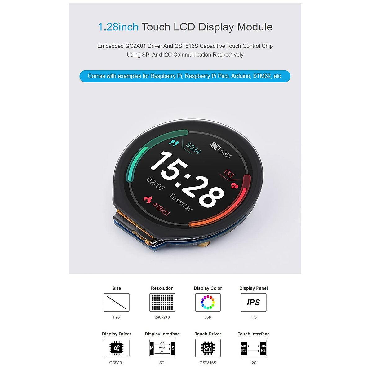 Coolwell 1.28inch Round LCD with Touch Panel for Raspberry Pi 4B+ 4B 3B+ 3B 2B+ Zero W WH 2 W Pico 240×240 IPS Display Module SPI and I2C Embedded GC9A01 Driver