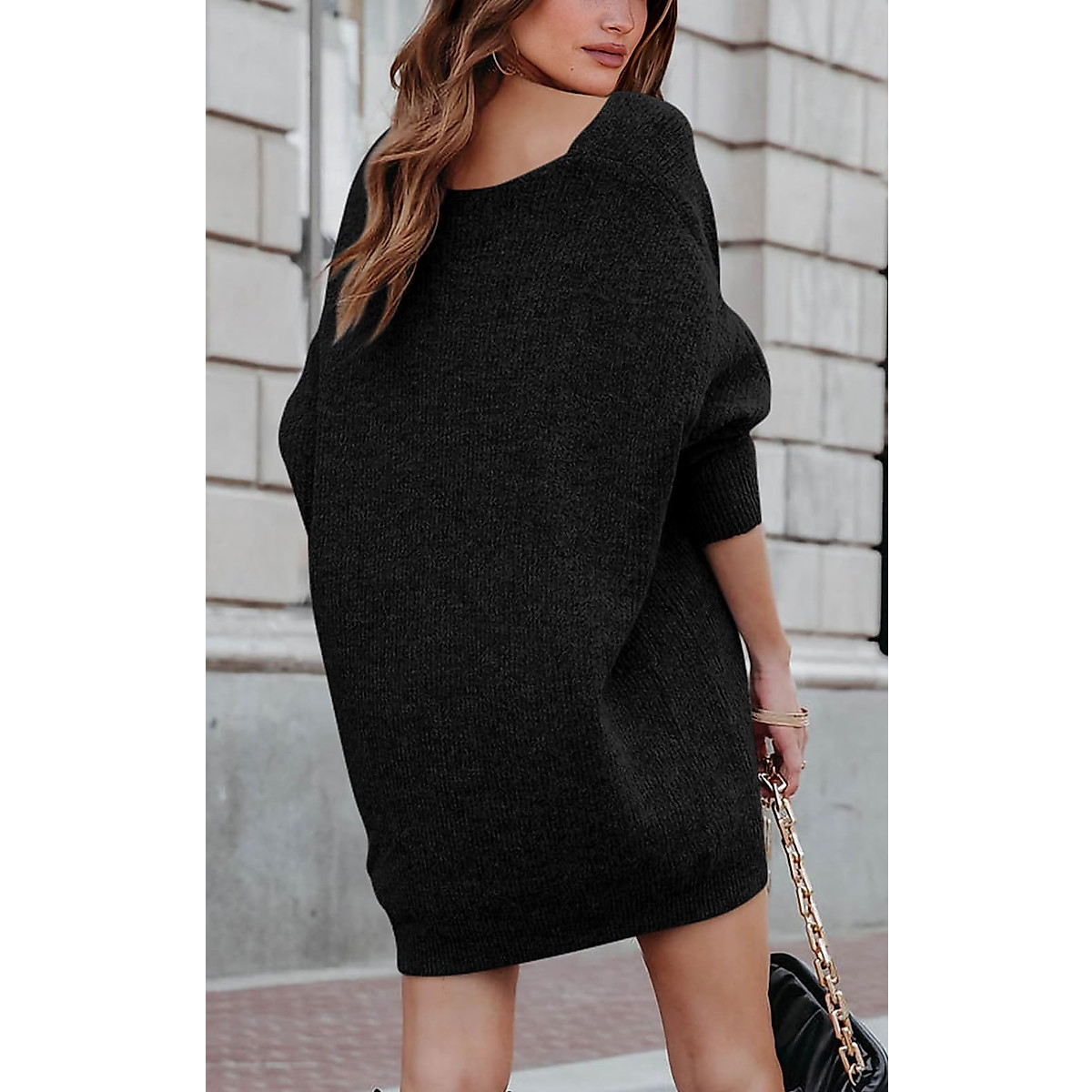 PRETTYGARDEN 2024 Casual Long Sleeve Sweater Dress V Neck Oversized Sweaters for Women Knitted Solid Long Pullover Jumper (Black,Small)