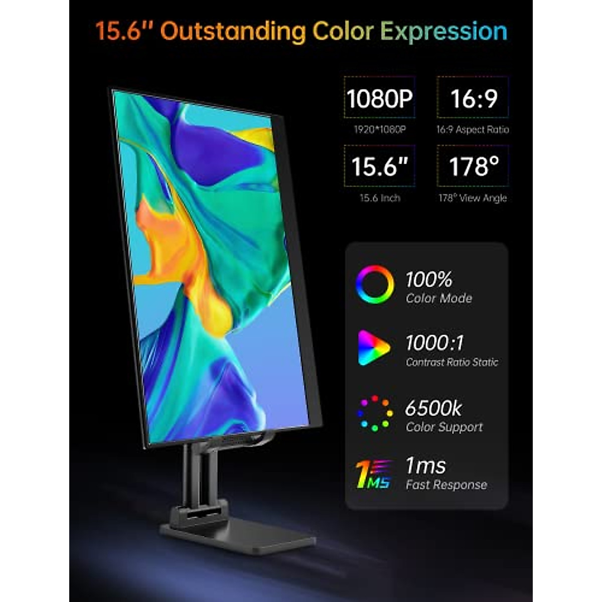 VILVA Portable-Monitor-for-Laptop - 15.6'' 1080P FHD IPS Display USB-C&HDMI Portable Monitor for Laptop with Cover and Speakers