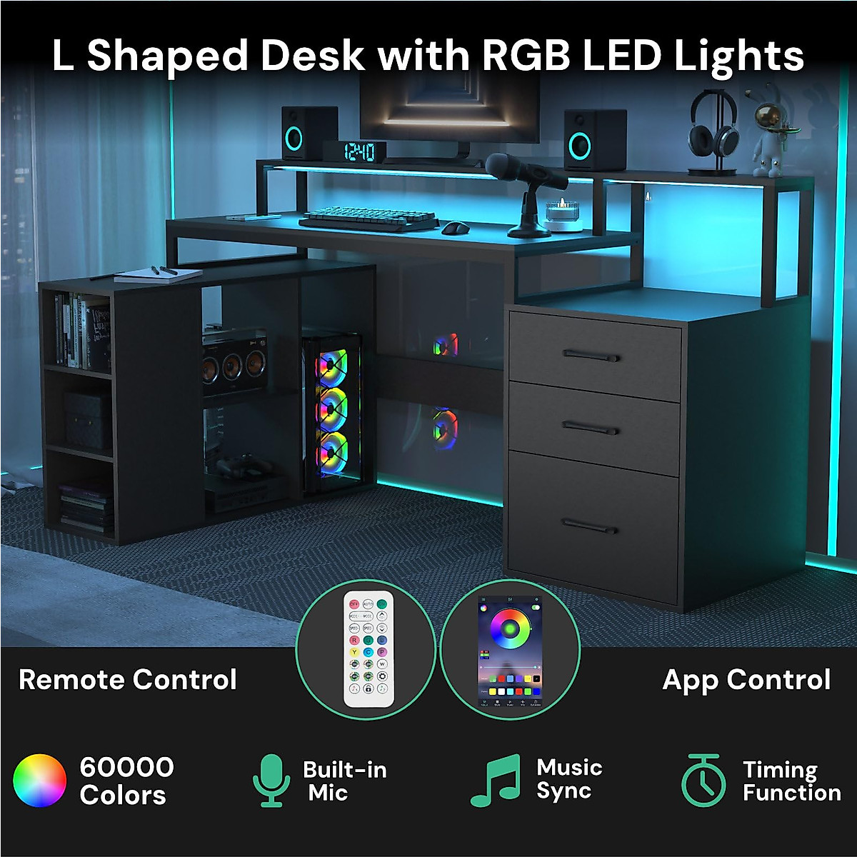 SunsGrove L Shaped Computer Desk with 3 Drawers, 65.7" Large Desk with Power Outlet and LED Lights, Corner Computer Desk with Monitor and CPU Stand, Home Office Desks with File Drawer (Black)