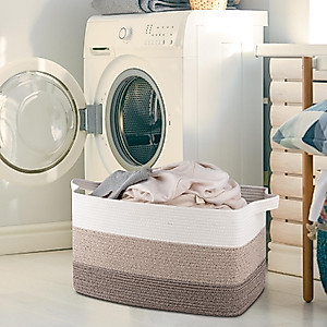 OIAHOMY Extra Large Blanket Basket, 90L Cotton Rope Woven Laundry Basket, Toy Basket for Baby Room, Basket for Blanket Storage in Living Room, 24''×16.5''×14'', Gradient Brown